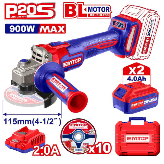 USD 111.11 - EMTOP Cordless Angle Grinder 115mm 900W 2xBatt ELAG211542